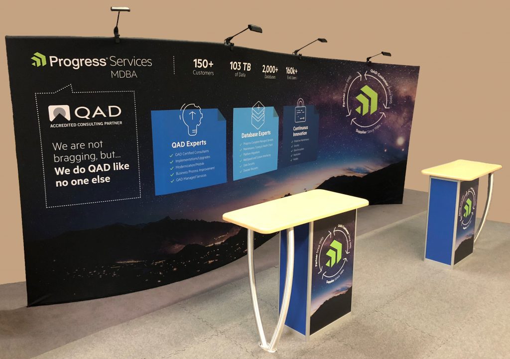 Progress 20' curved fabric display with LED lights and counters - IDEC ...